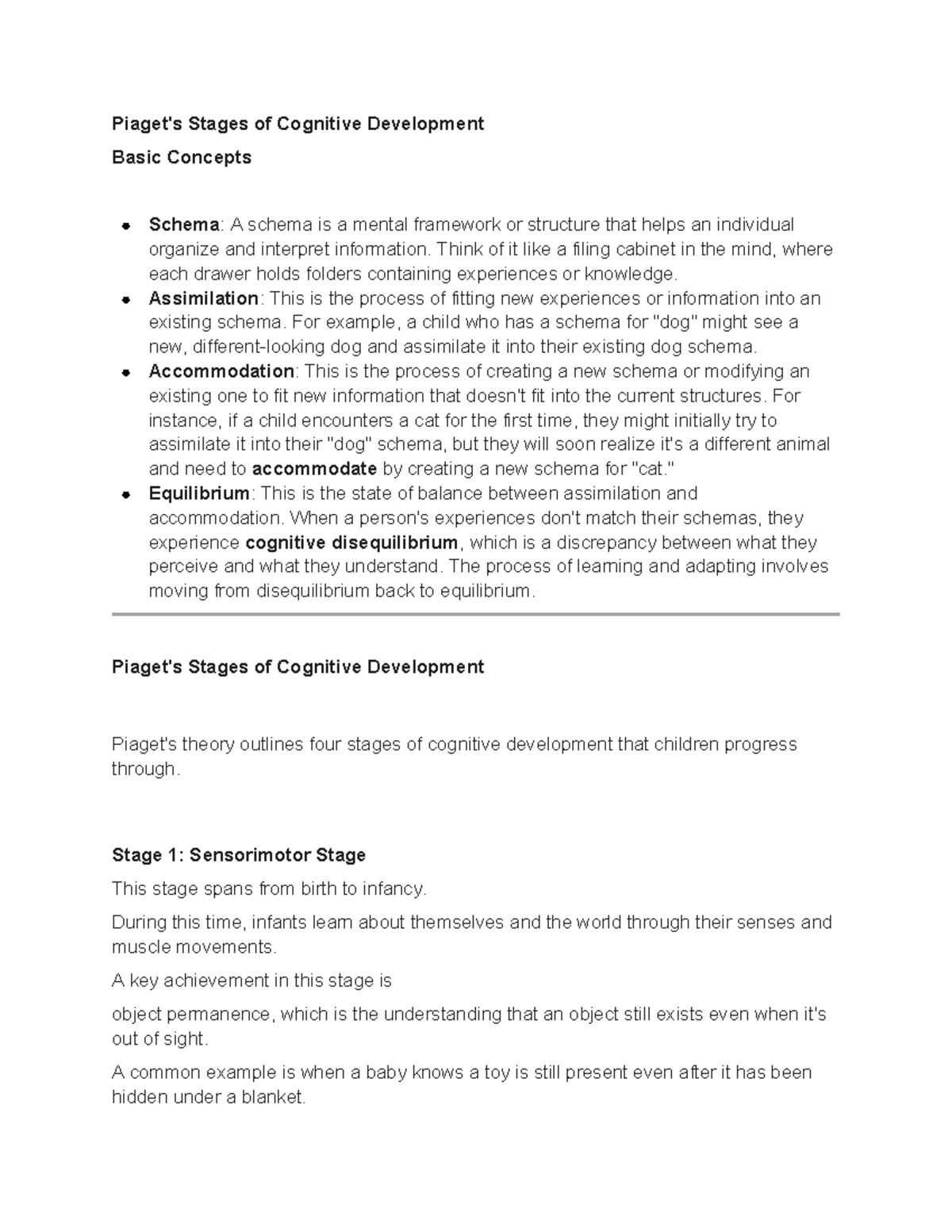 Piaget's Stages of Cognitive Development: Key Concepts and Processes - Studocu