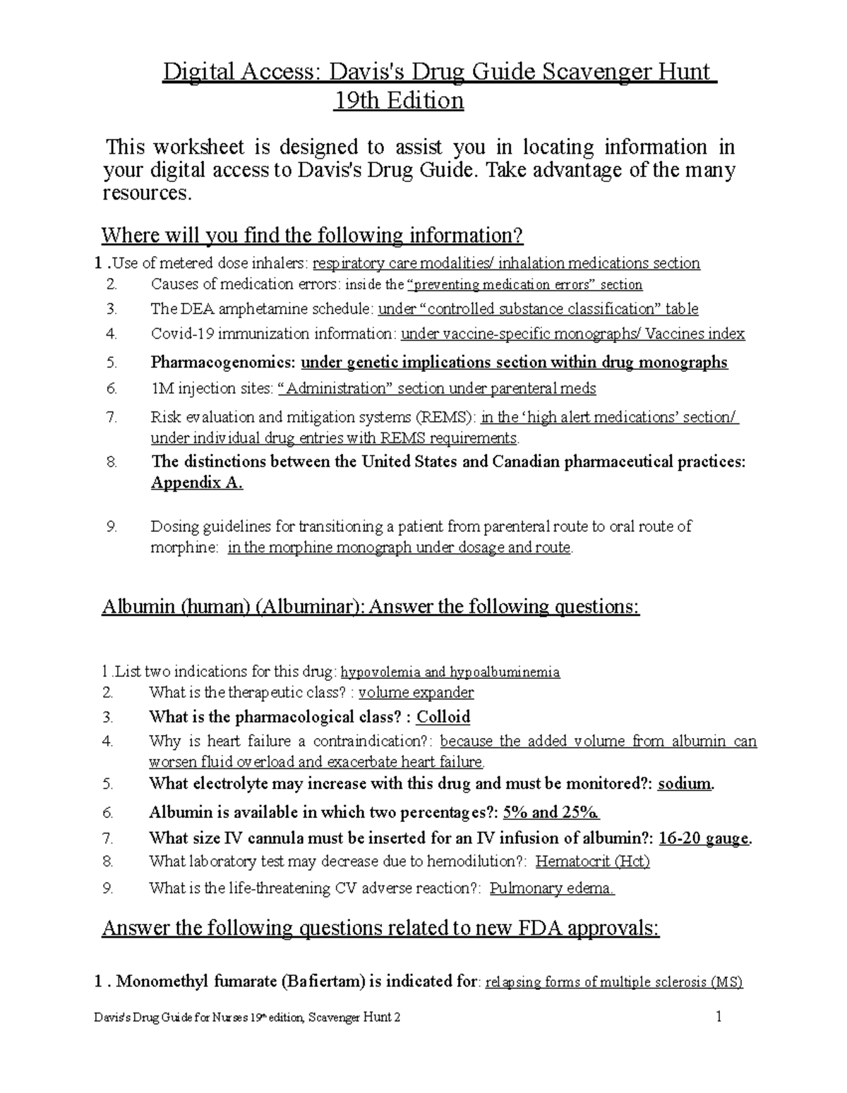 Drug Guide Scavenger Hunt 19th Edition: Key Information Worksheet - Studocu