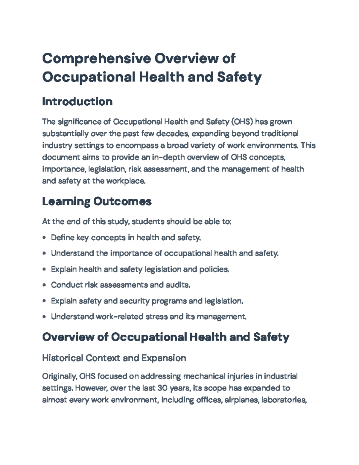 Overview of Occupational Health and Safety (OHS) Concepts and ...
