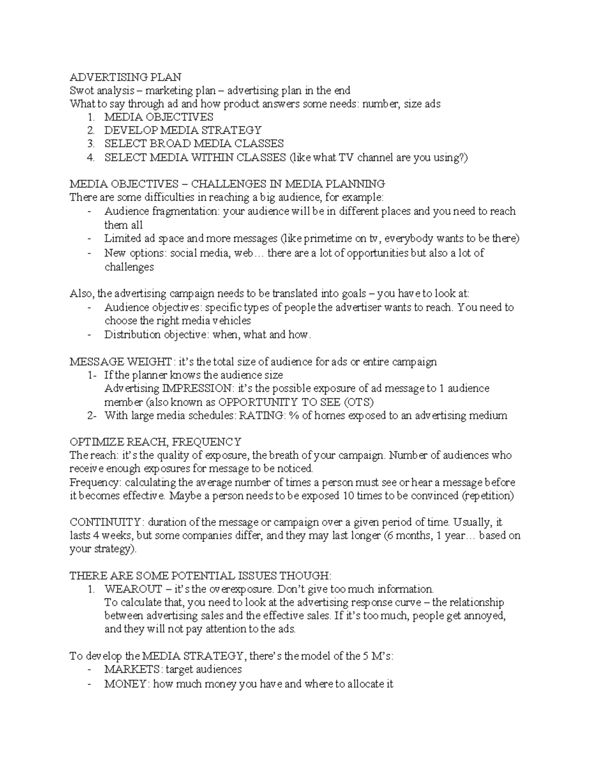 Advertising Plan: Final Notes on Media Strategy & SWOT Analysis - Studocu