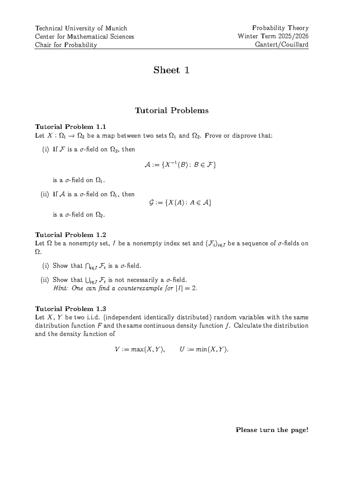Probability Theory Tutorial Problems (Winter Term) TUM - Studocu