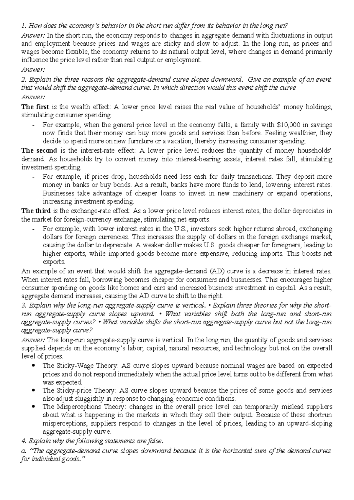 AD-AS Model: Short Run vs Long Run Behavior and Curve Dynamics - Studocu