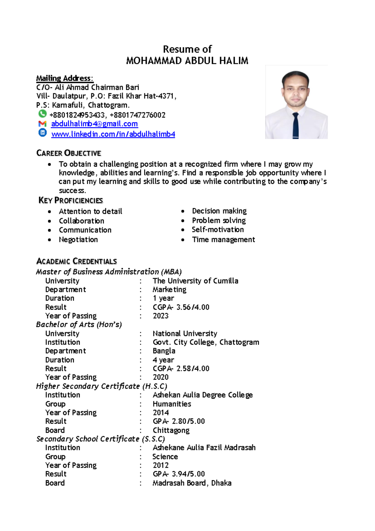 Microsoft Excel Skills for Job Career - Resume of Mohammad Abdul Halim - Studocu