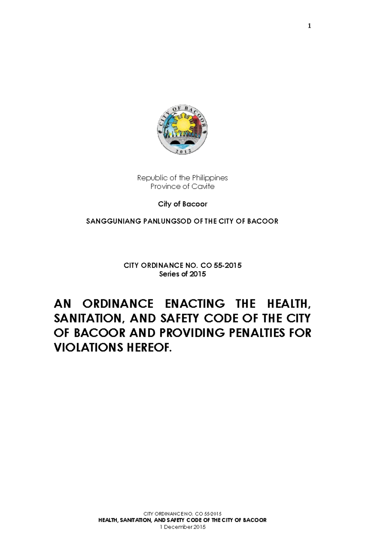 CO 55-2015: Bacoor Health, Sanitation, and Safety Code Ordinance - Studocu