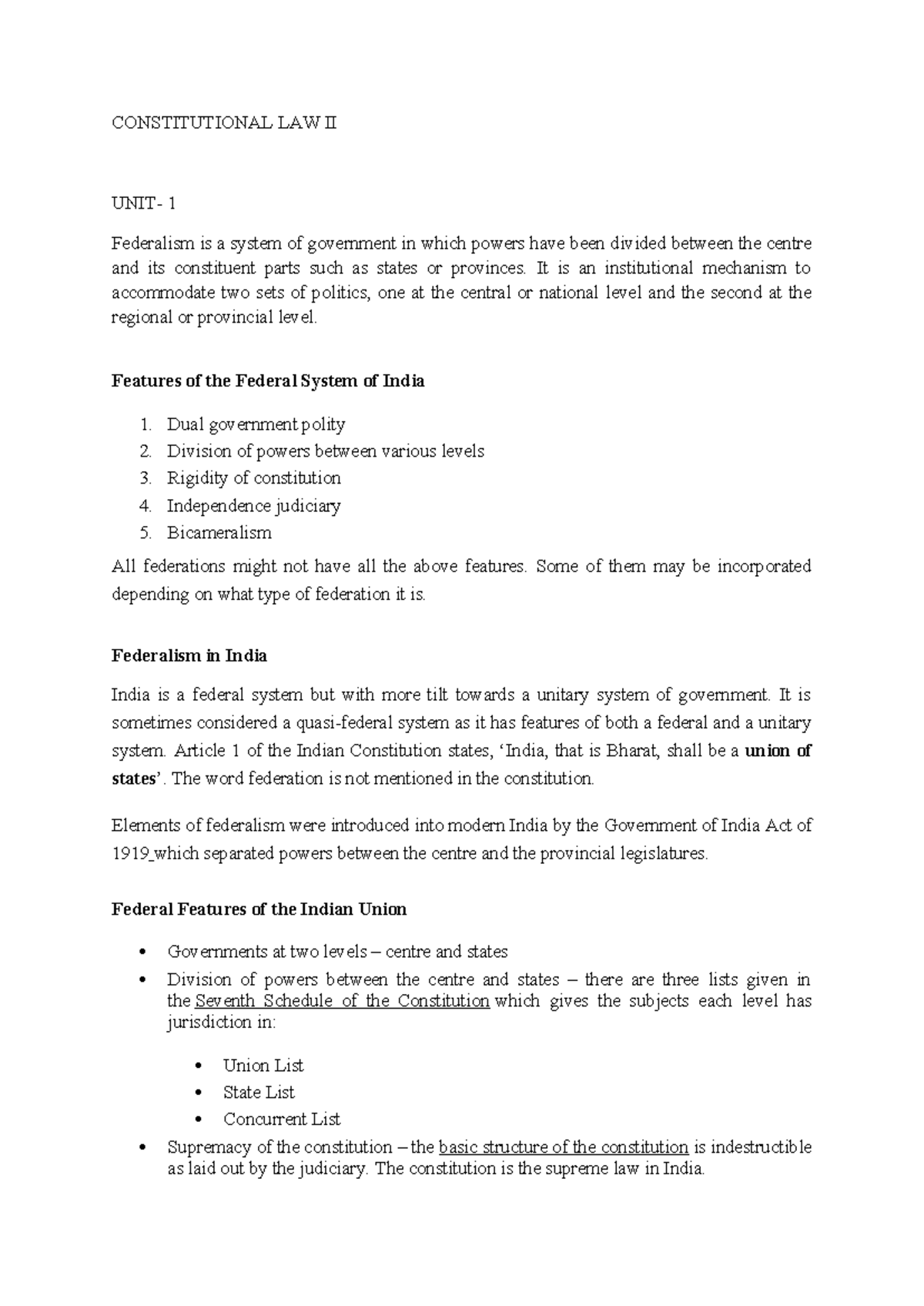 UNIT 1 - UNIT 1 NOTES OF CONSTITUTIONAL LAW II NOTES AS PER KSLU ...