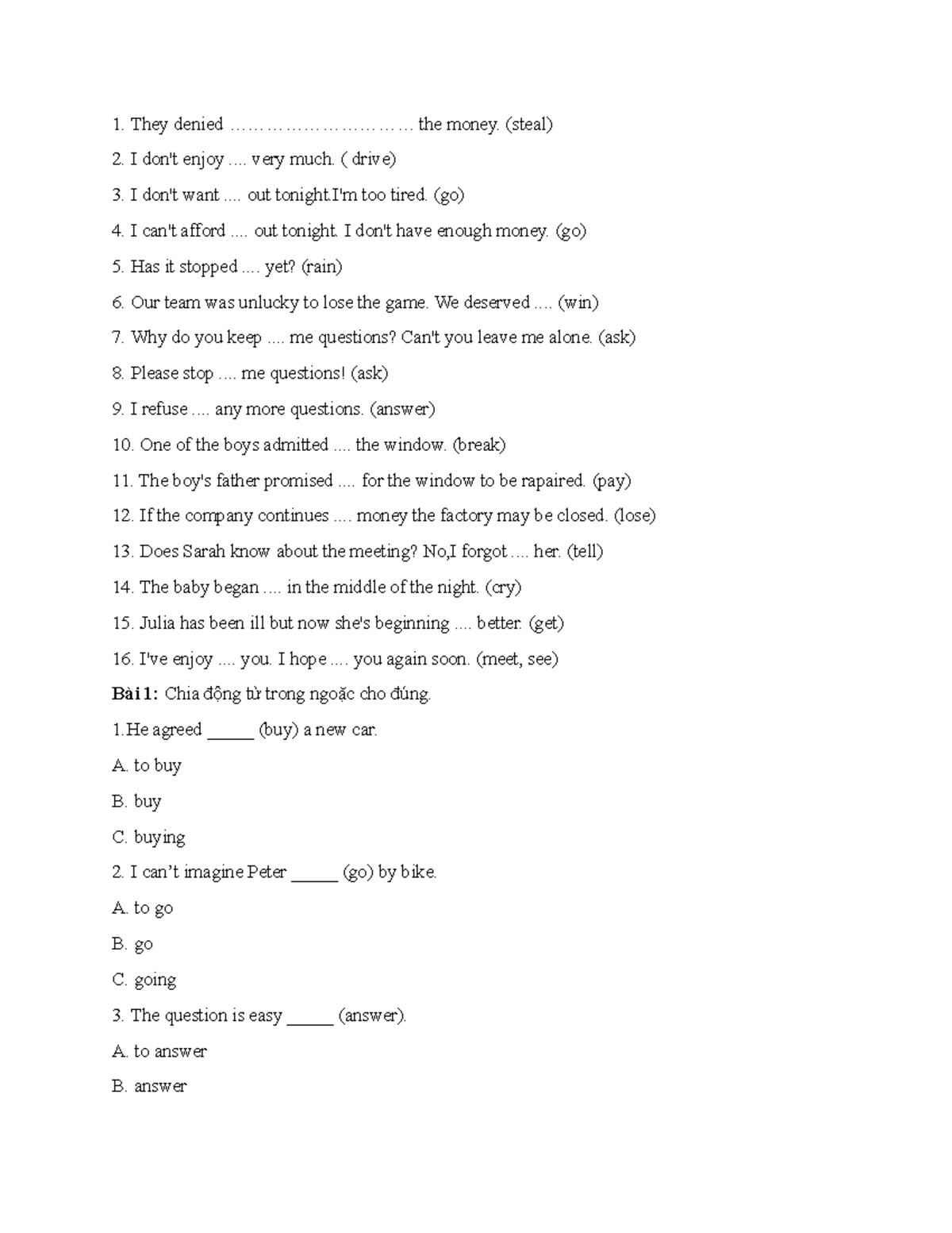 Exercise on Verb Forms: To V or V-ing - Course Code: Bt Tov Ving V ...