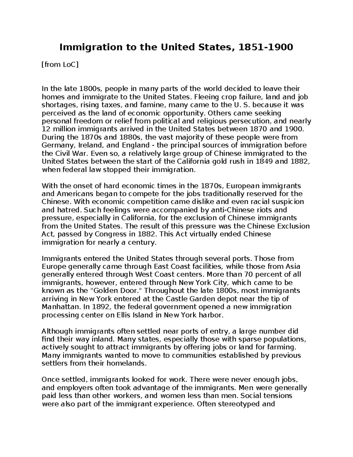 Immigration to the U.S. in the Late 1800s: Causes & Effects - Studocu