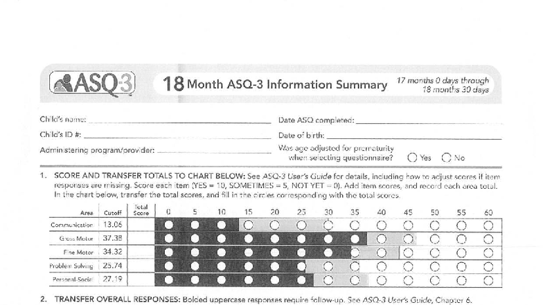 ASQ-3 18 Month Info Summary Form for Developmental Screening - Studocu