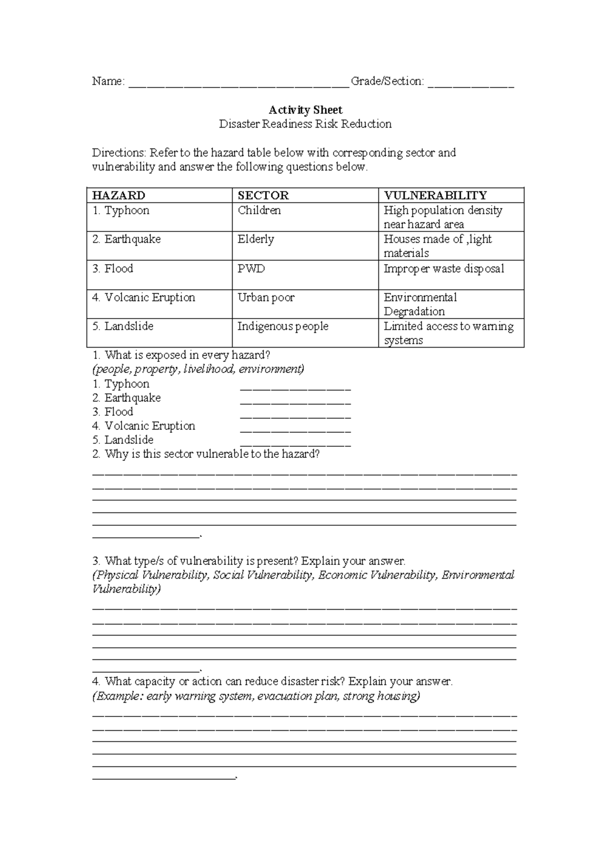 Activity Sheet: Disaster Readiness & Risk Reduction (DRRR) - Studocu