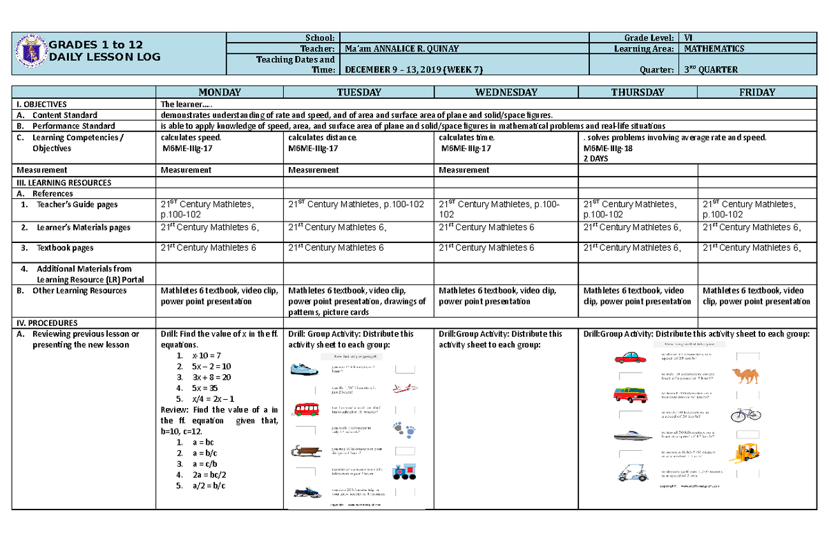 DLL Mathematics 6 Q3 W7 - Speed, Distance, and Time Lesson Log - Studocu