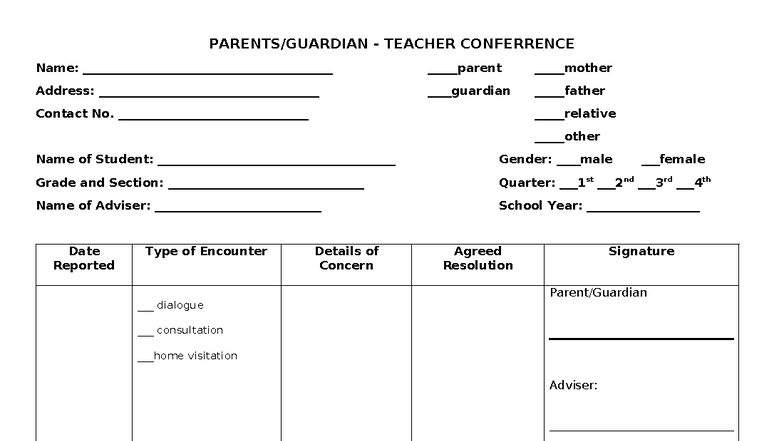 Parent Guardian Teachers Conference FORM - PARENTS/GUARDIAN - TEACHER ...