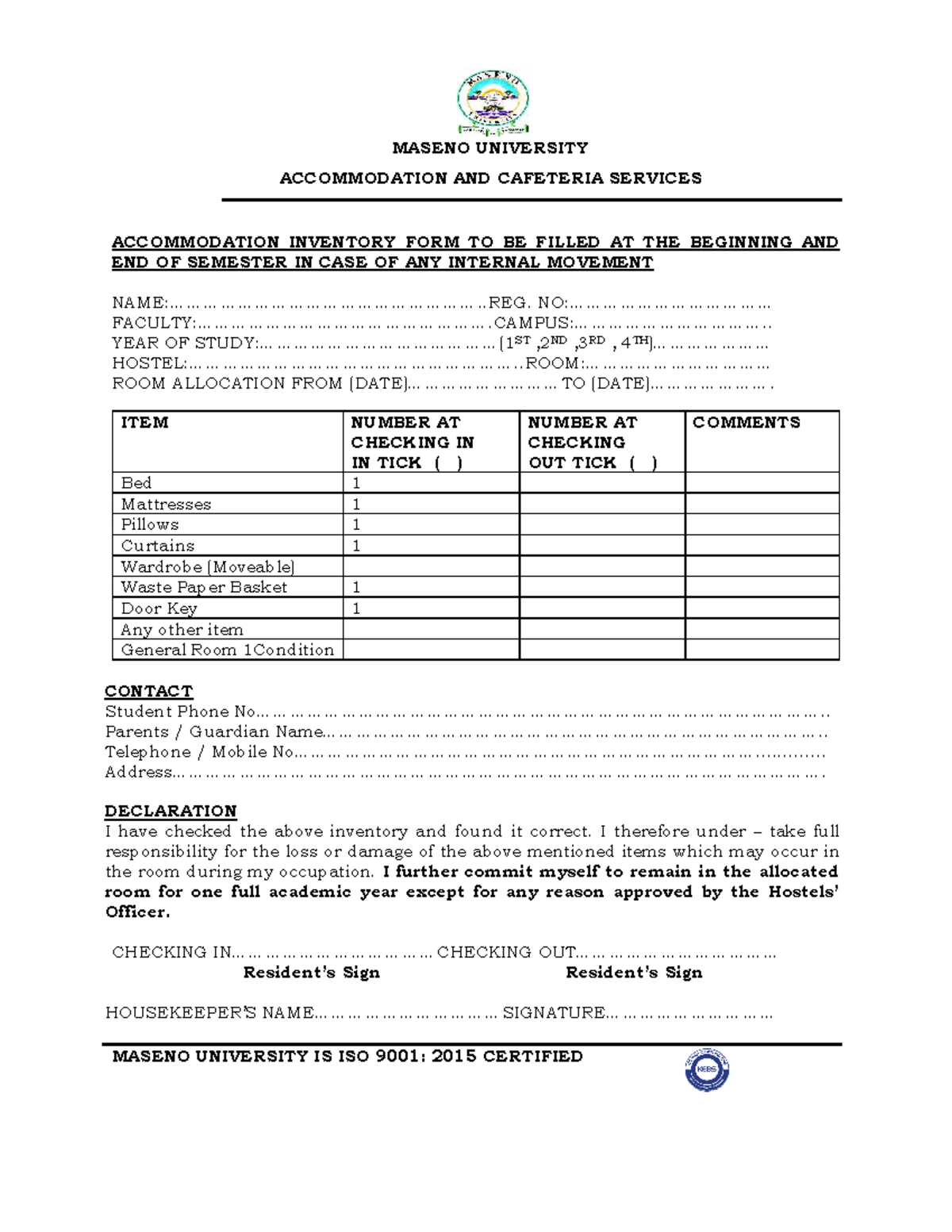 MASENO UNIVERSITY Accommodation Inventory Form for Room Allocation ...