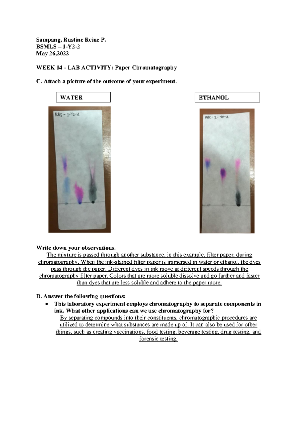 WEEK 14 - BSMLS Lab Activity: Exploring Paper Chromatography - Studocu