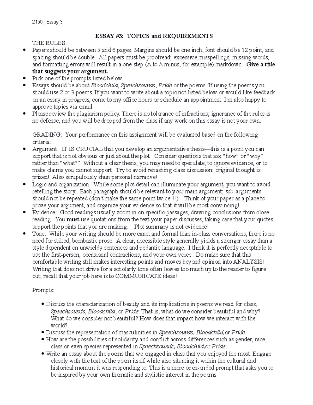 2150 Essay 3 Guidelines and Topics for Writing - Studocu