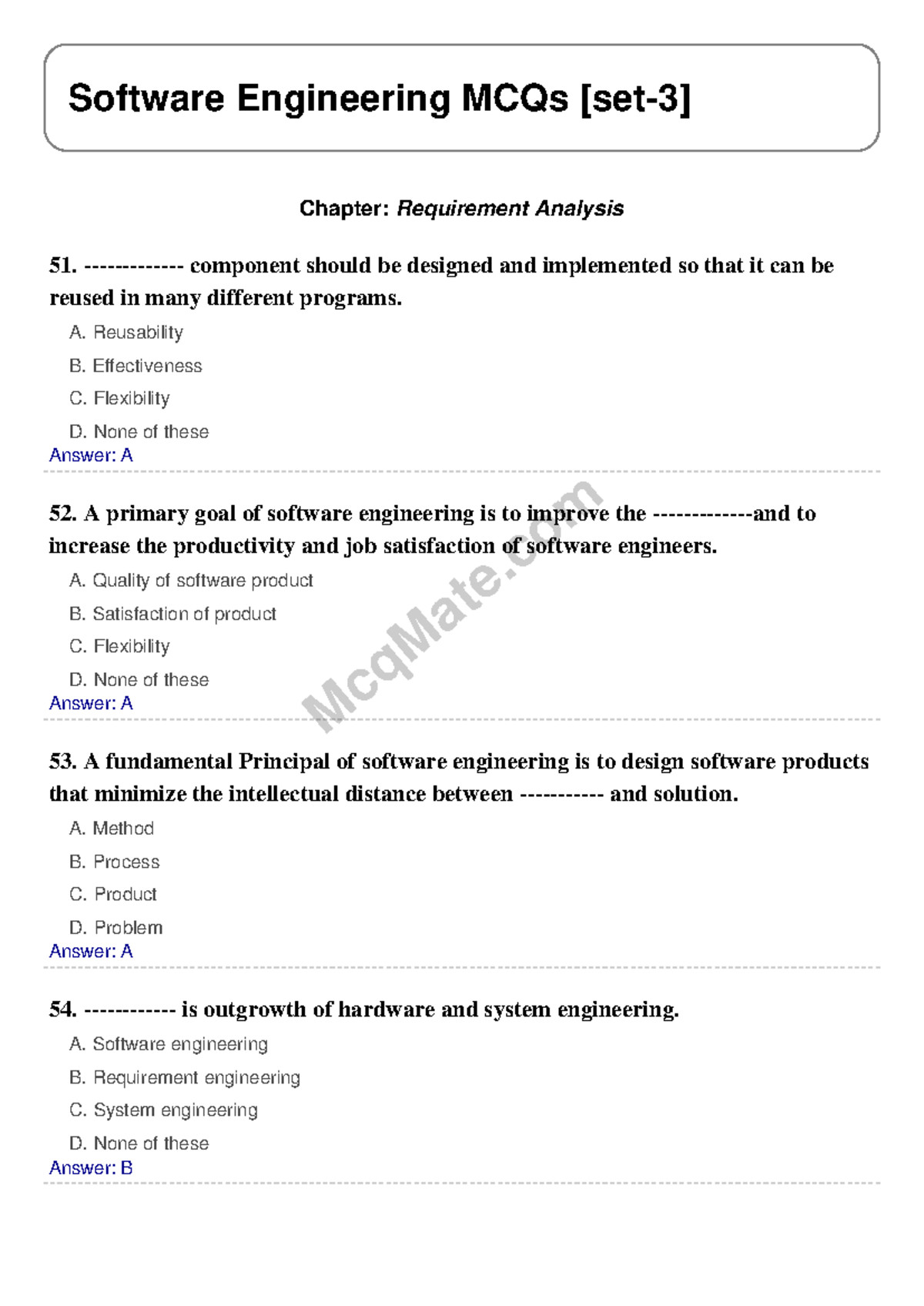 Software Engineering Solved MCQs [set-3] Mcq Mate.com - McqMate Software Engineering MCQs [set-3 ...