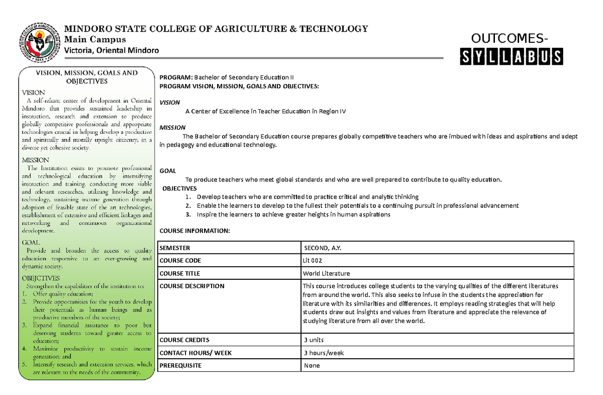 World Literature Syllabus - Lit 002 for Bachelor of Secondary Ed II ...