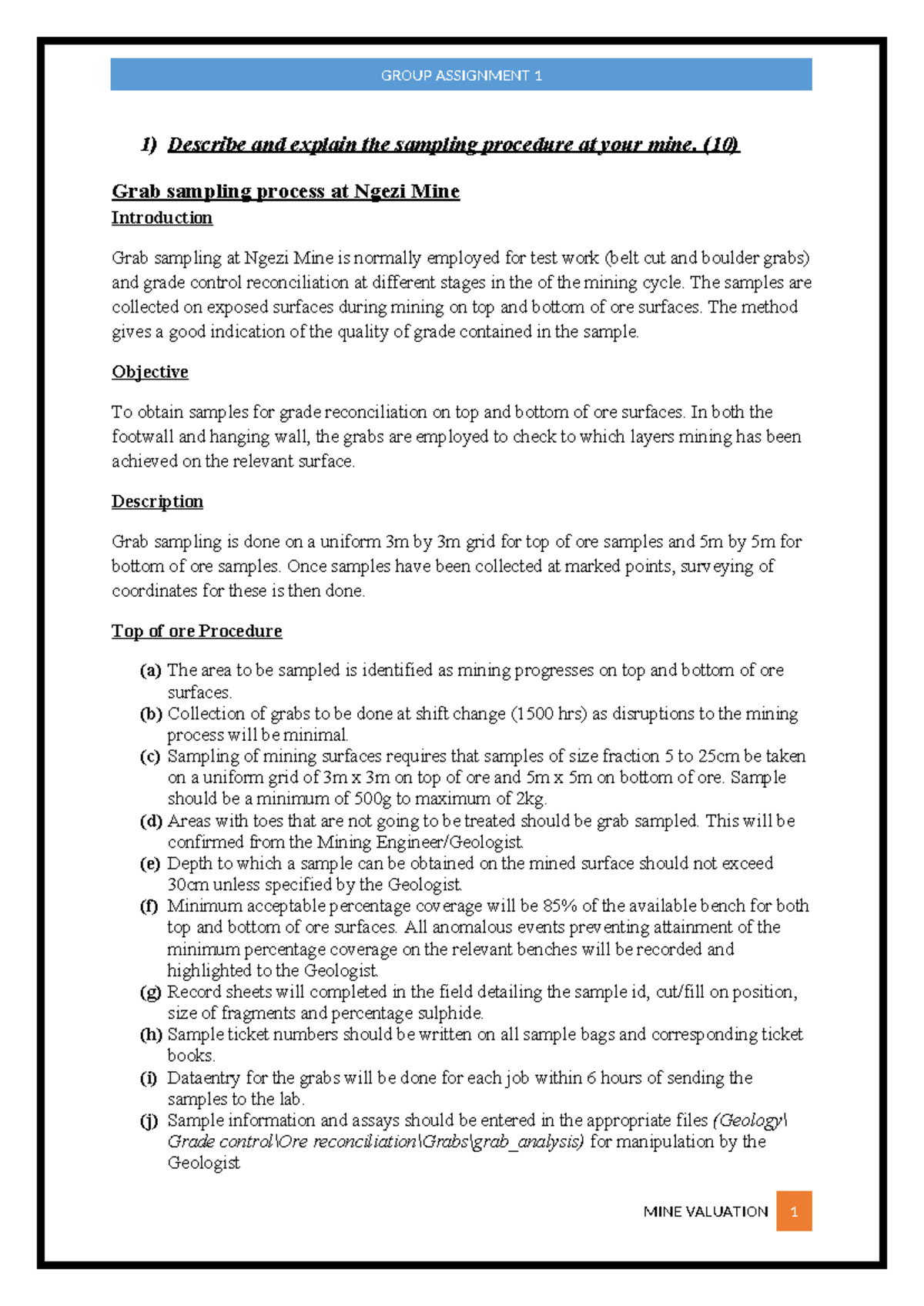 MINE Valuation 1: Grab Sampling Procedure at Ngezi Mine Explained - Studocu