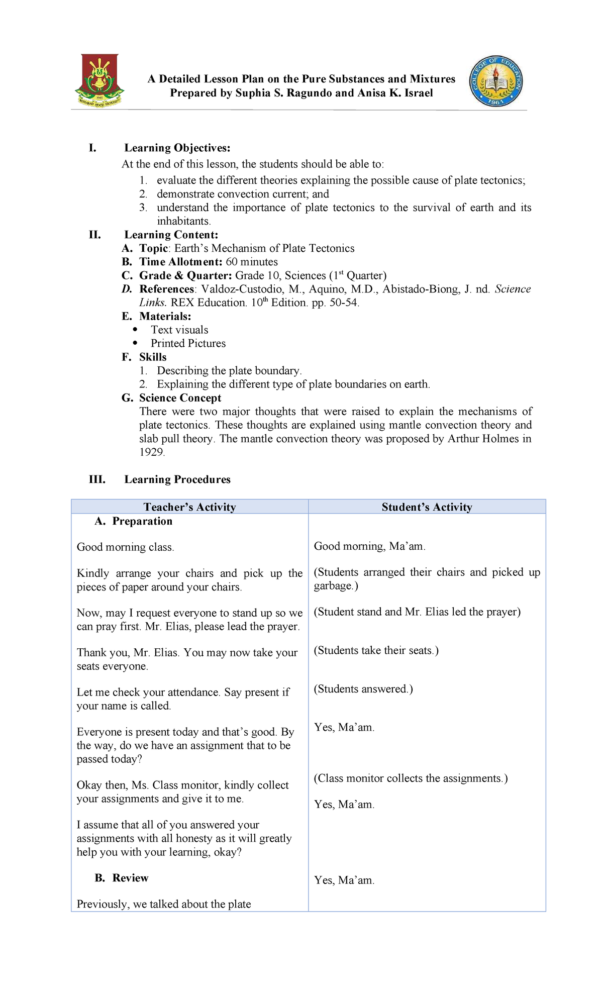 A Detailed Lesson Plan on Earth's Mechanism of Plate Tectonics (Grade ...