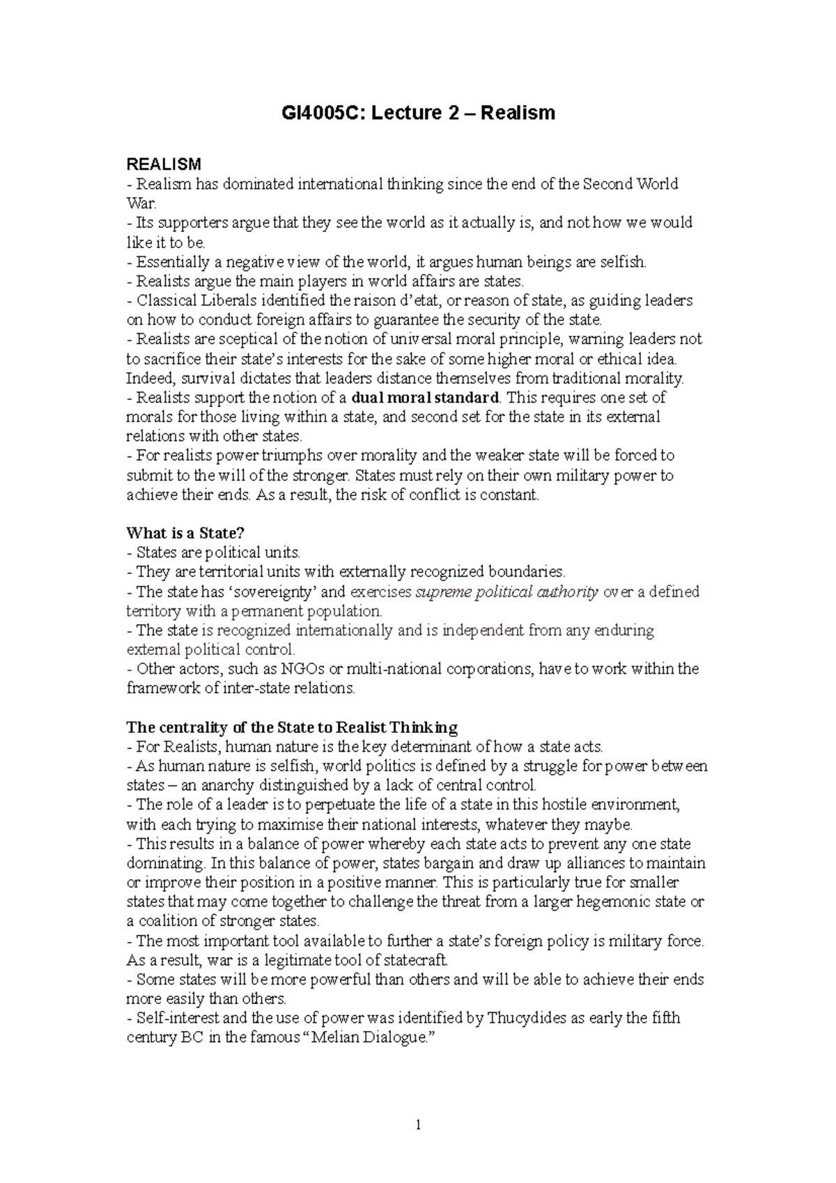 GI4005C Realism - Lecture notes 2 - GI4005C: Lecture 2 – Realism ...