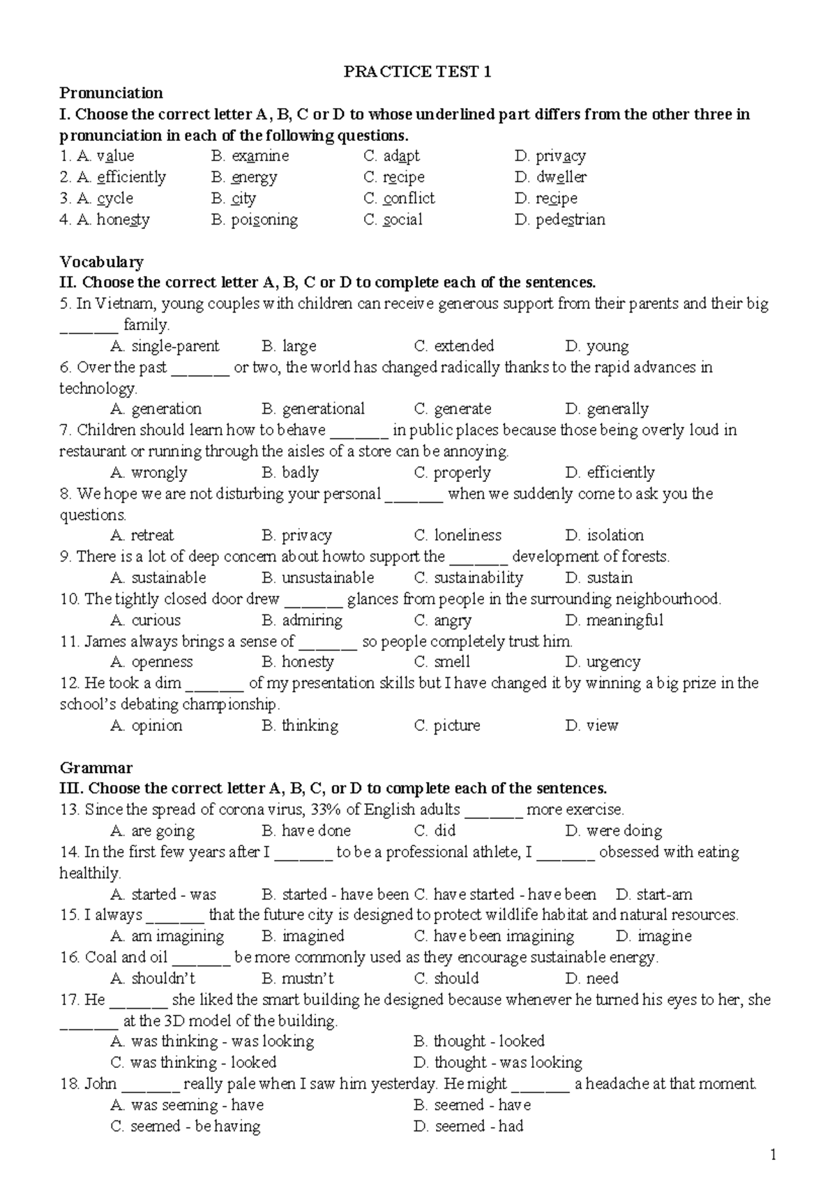 PRACTICE TEST 1: Pronunciation & Vocabulary for English 11 Global ...