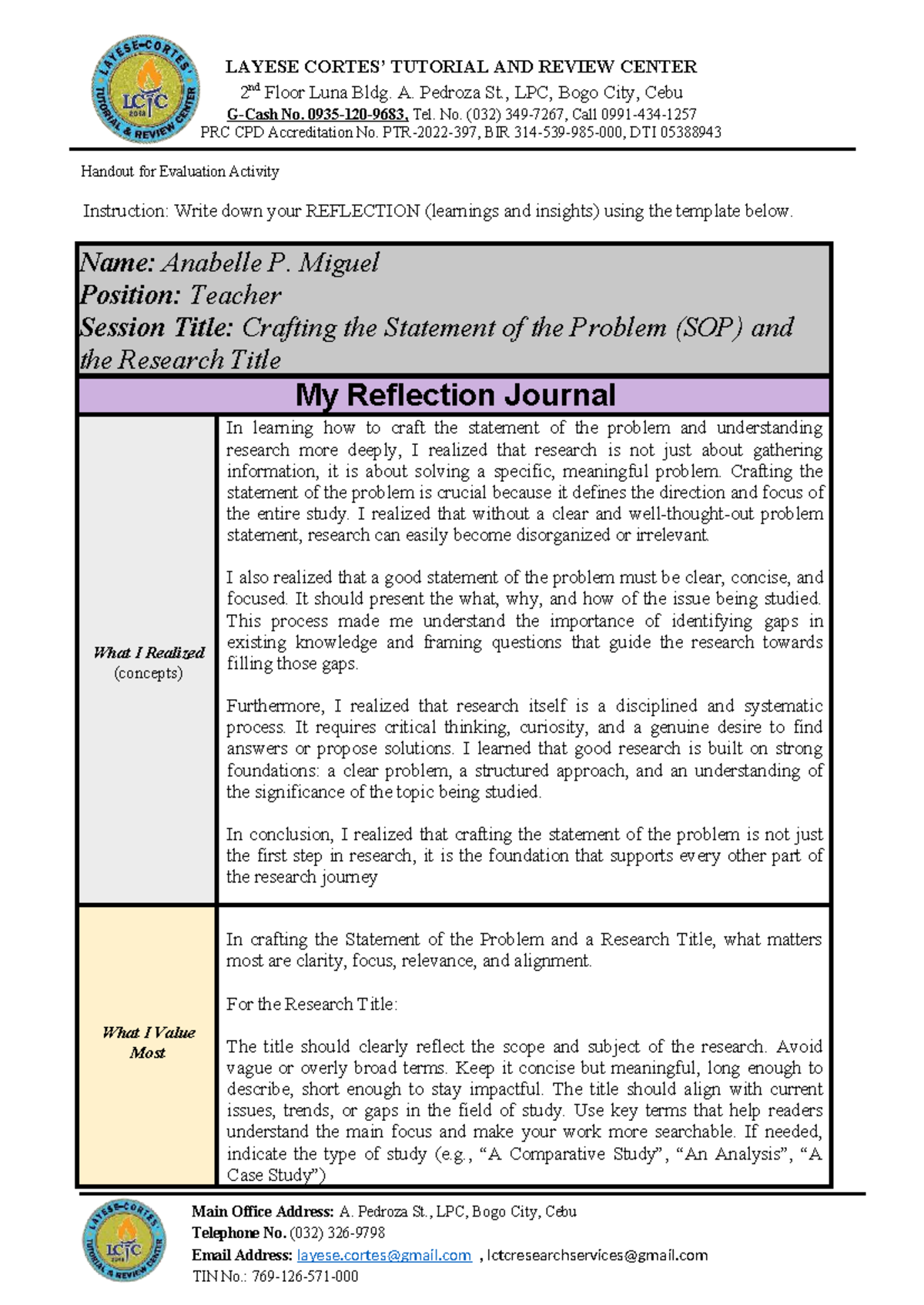 Miguel, Anabelle P. Reflection on Crafting the SOP & Research Title - Studocu