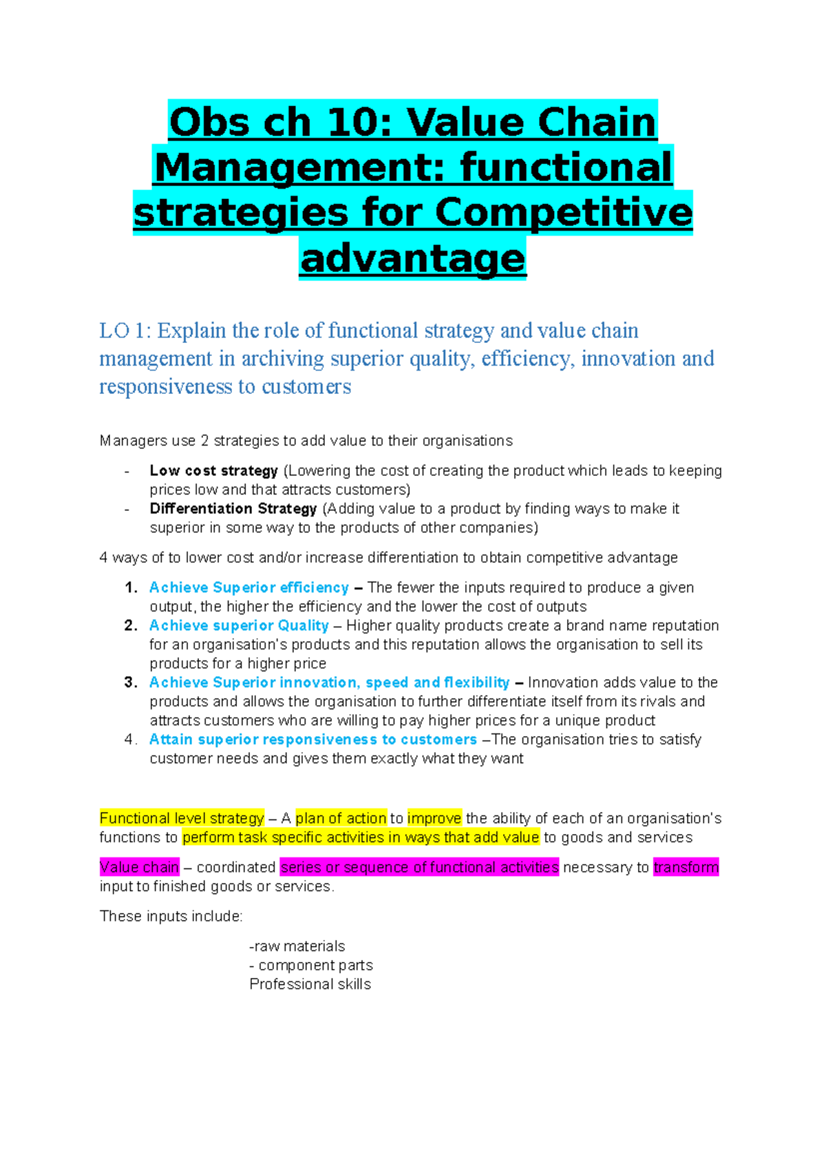 Obs Ch 10 - Notes on Value Chain Management & Competitive Advantage ...