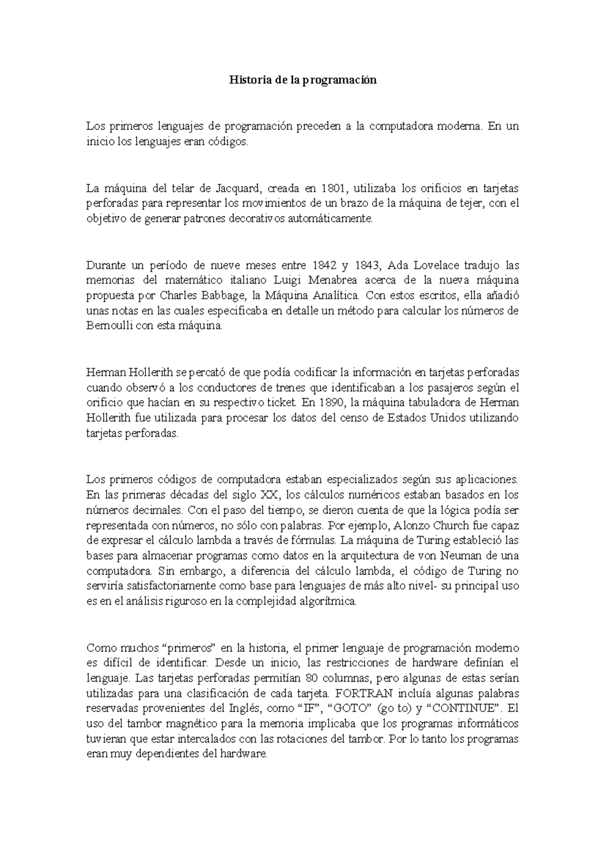 Historia de la Programación: Desde Tarjetas Perforadas hasta Java - Studocu