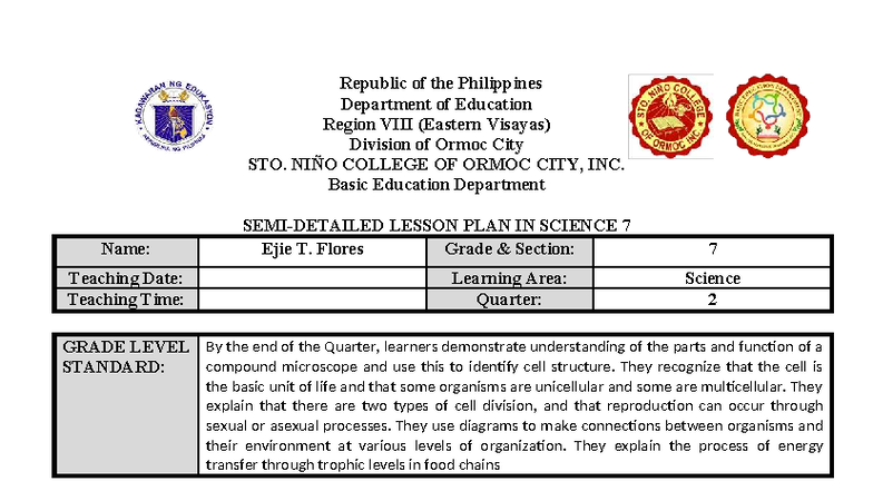 G7-Q2-W4: Lesson Plan on Stages of Mitosis and Meiosis - Studocu
