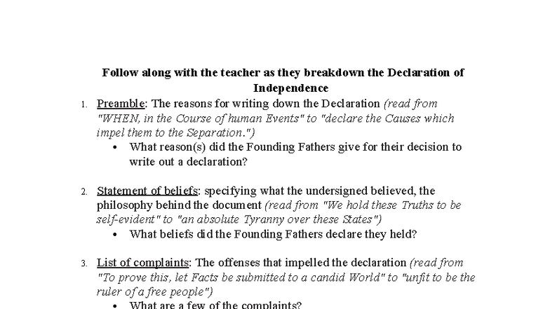 Understanding the Declaration of Independence WS: Key Concepts ...