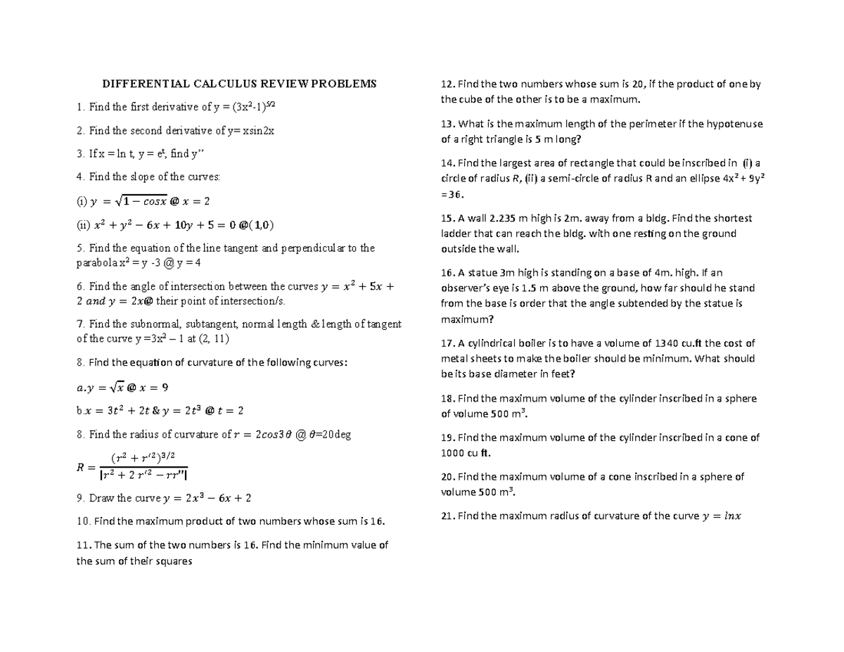 Differential Calculus Review Problems - DIFFERENTIAL CALCULUS REVIEW ...