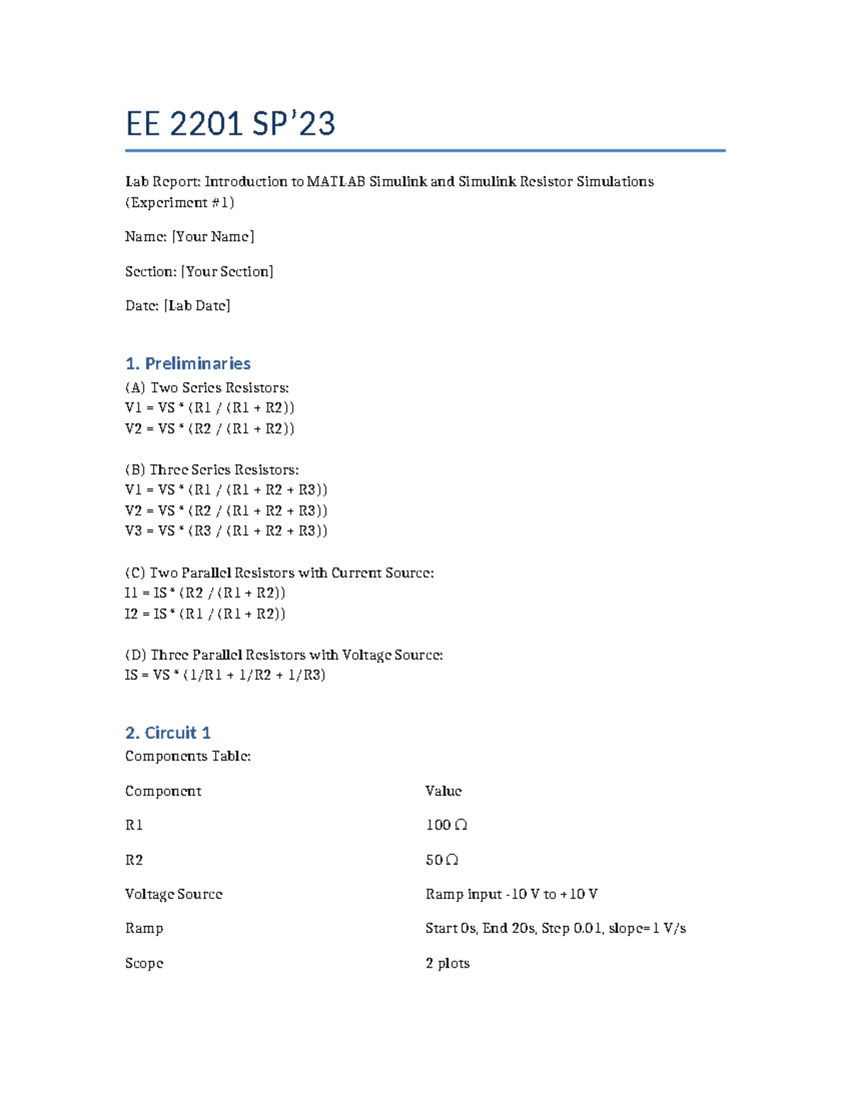 EE 2201 Lab Report: MATLAB Simulink Resistor Simulations - Studocu