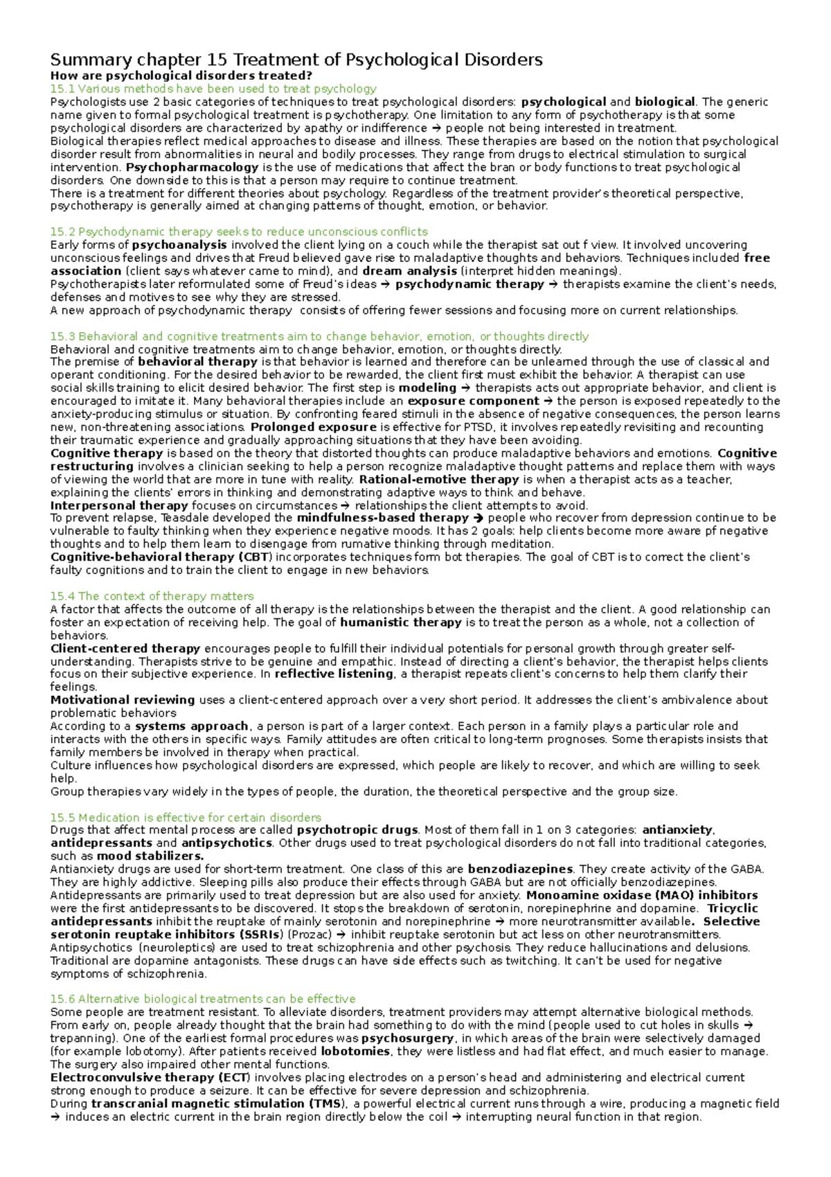 Chapter 15 Summary: Treatment Approaches for Psychological Disorders ...