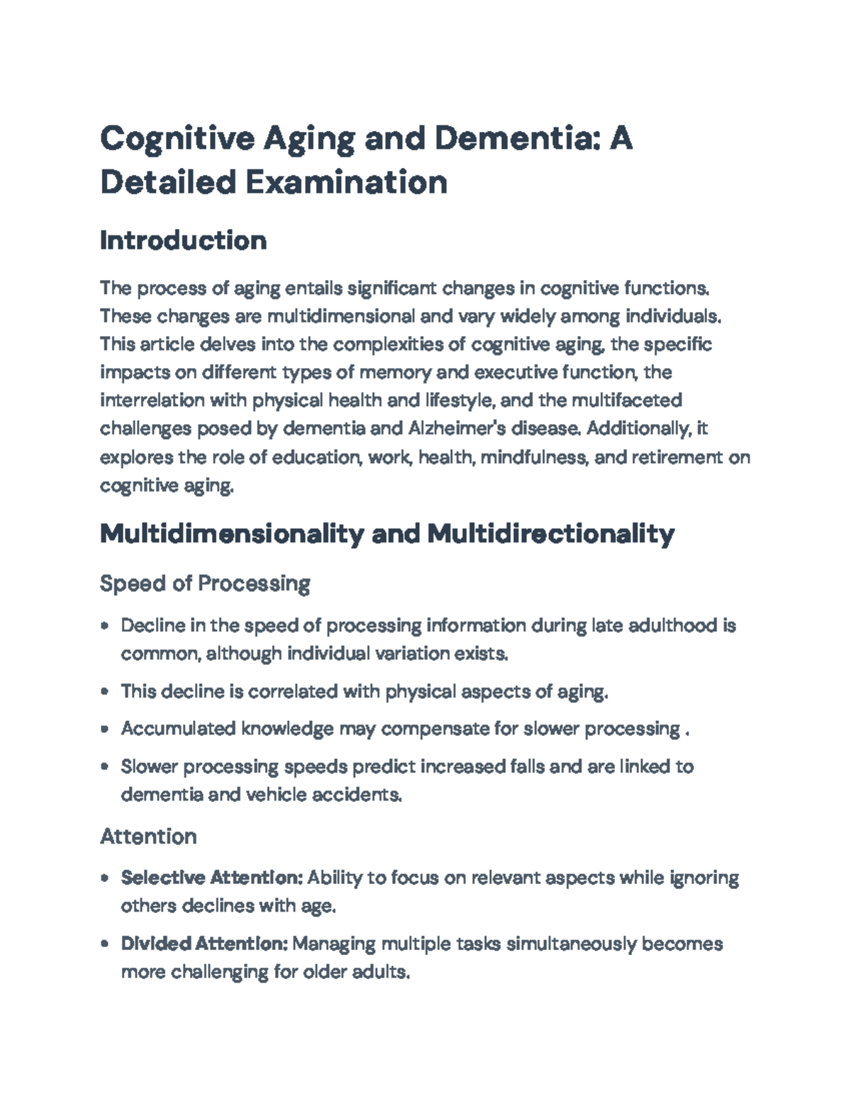 Cognitive Aging and Dementia: Detailed Insights on Memory and Function ...