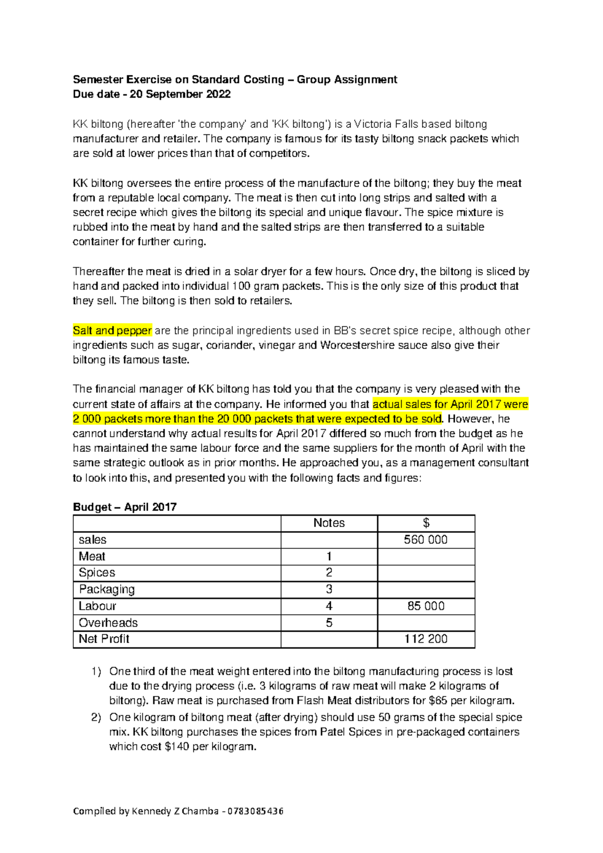 Standard Costing Group Assignment - Compiled by Kennedy Z Chamba ...
