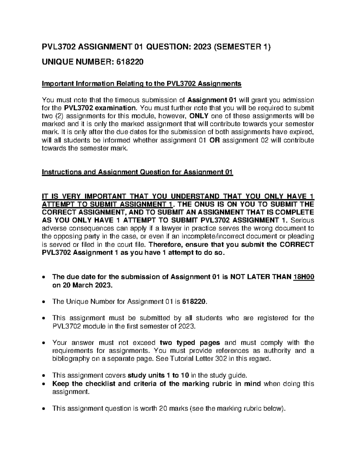PVL3702 Sem1 Assignment 01 Instructions & Question Details - Studocu