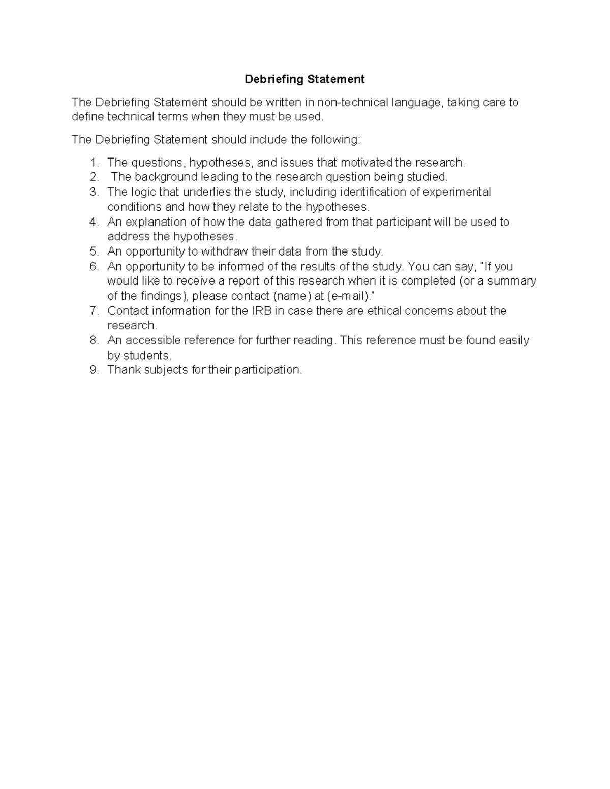 MWSU PSY 101 Debriefing Statement Example for Research Participation ...