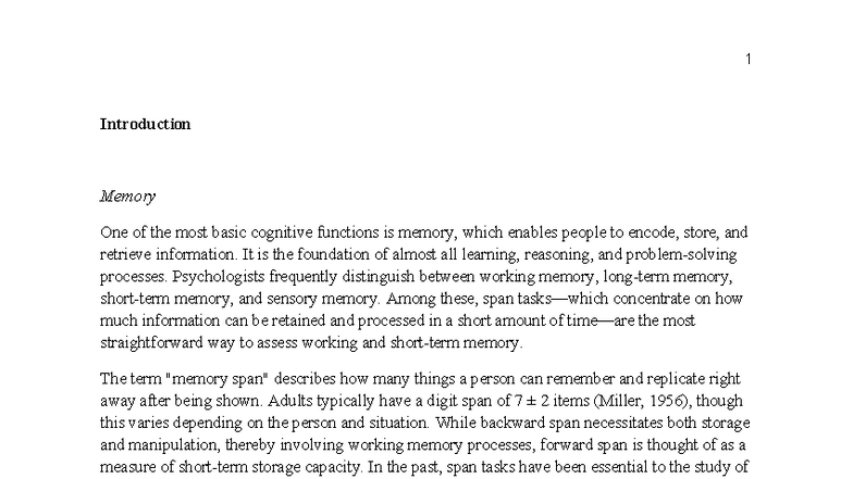 Digit Span Test: Measuring Working Memory Capacity - Studocu