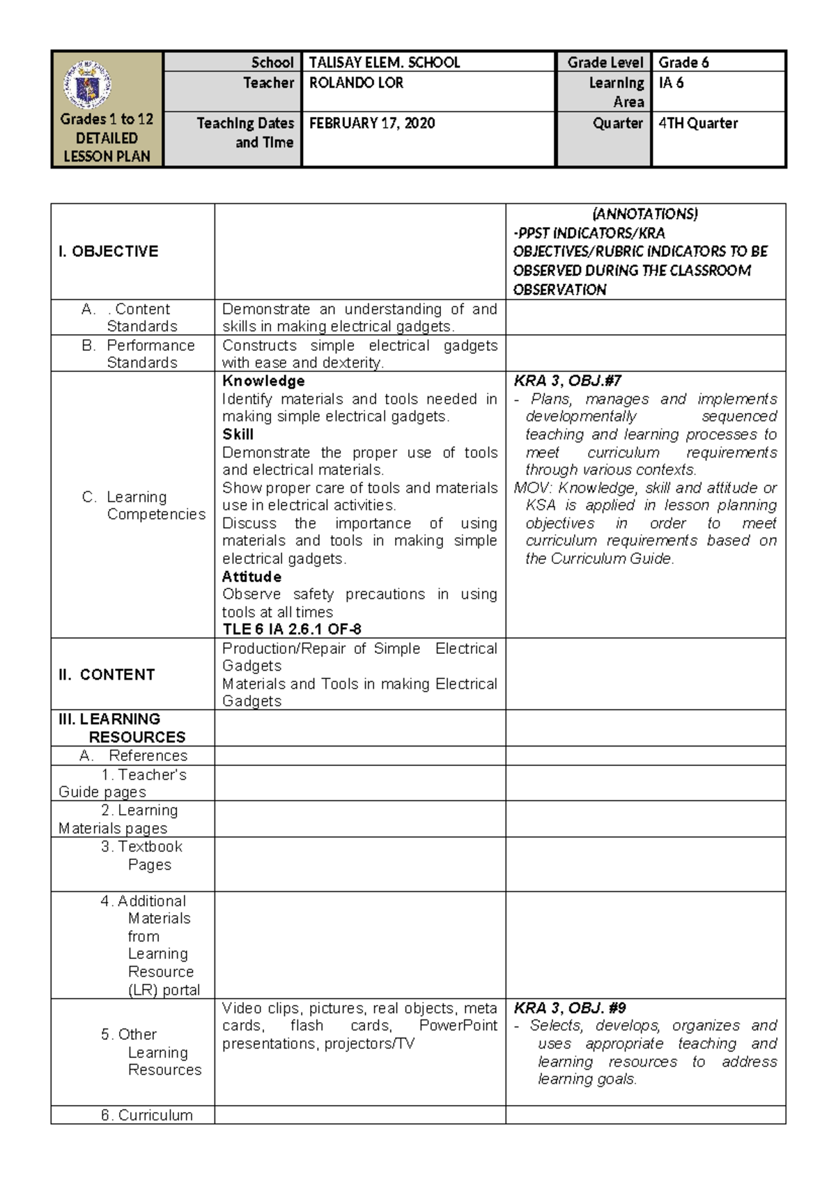 TLE 6 DETAILED LESSON PLAN: Materials & Tools for Electrical Gadgets ...