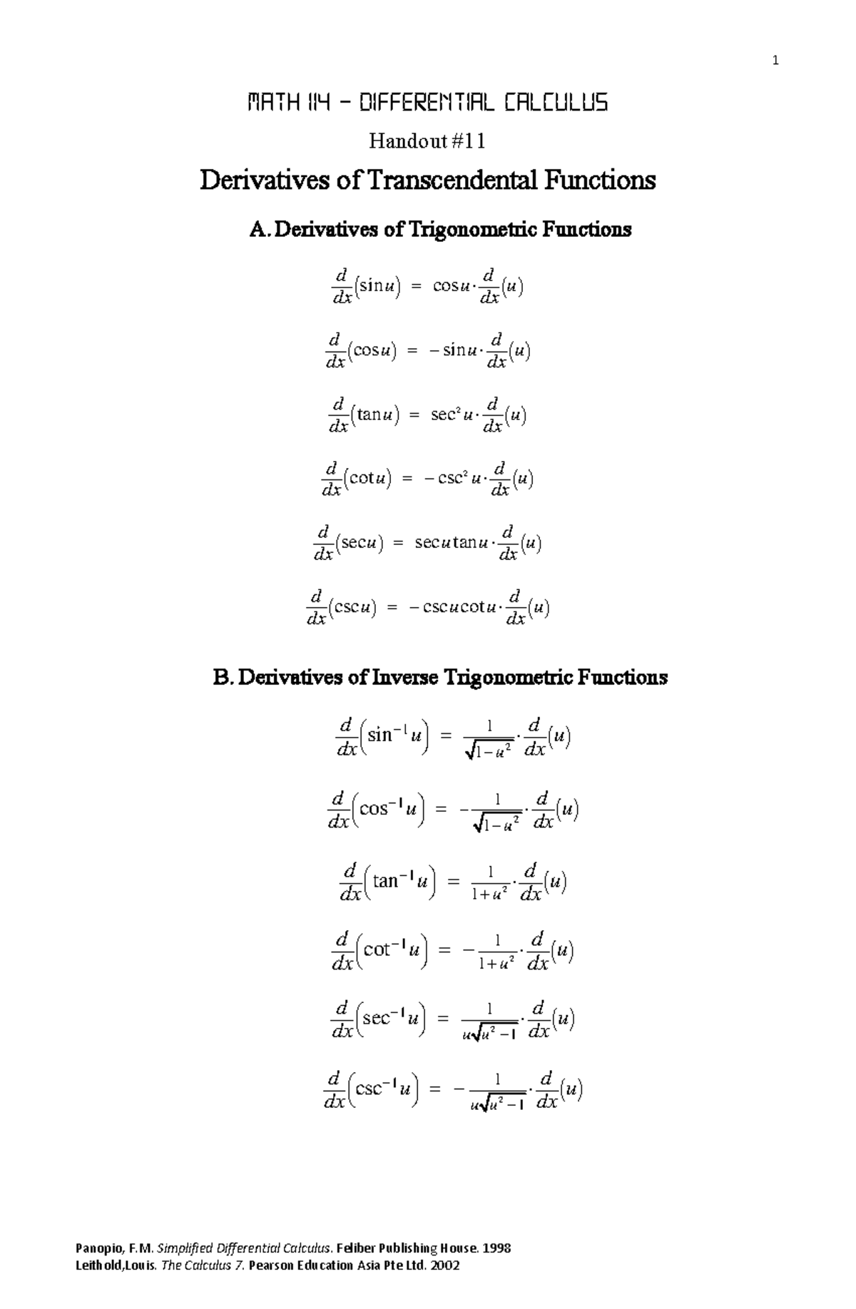 11. Derivatives of Trancendental Functions - Panopio, F. Simplified Differential Calculus ...