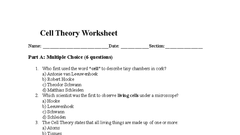 Cell Theory Worksheet (Biology 101) - MCQs, Fill in the Blanks, and ...