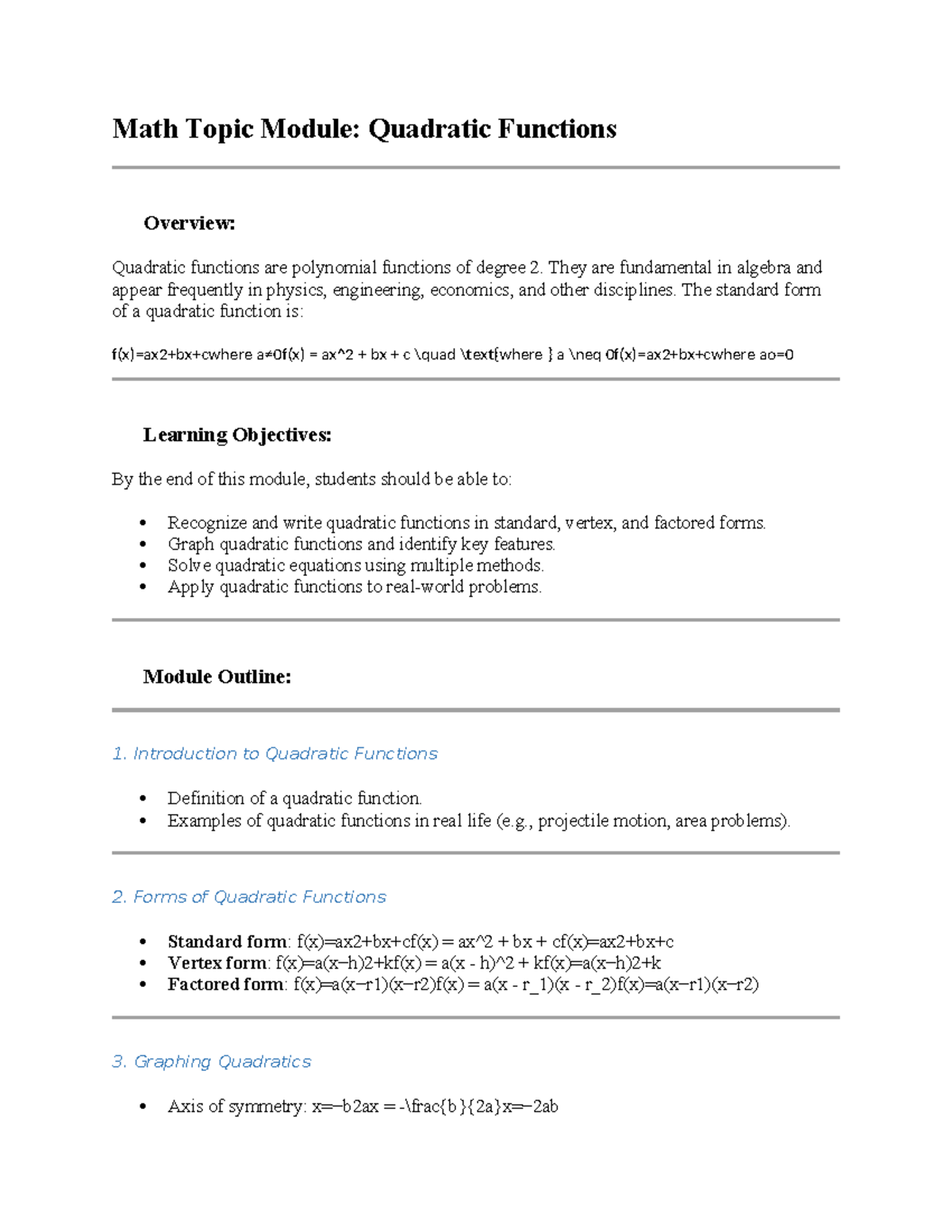 Math 101: Quadratic Functions Overview & Key Concepts - Studocu
