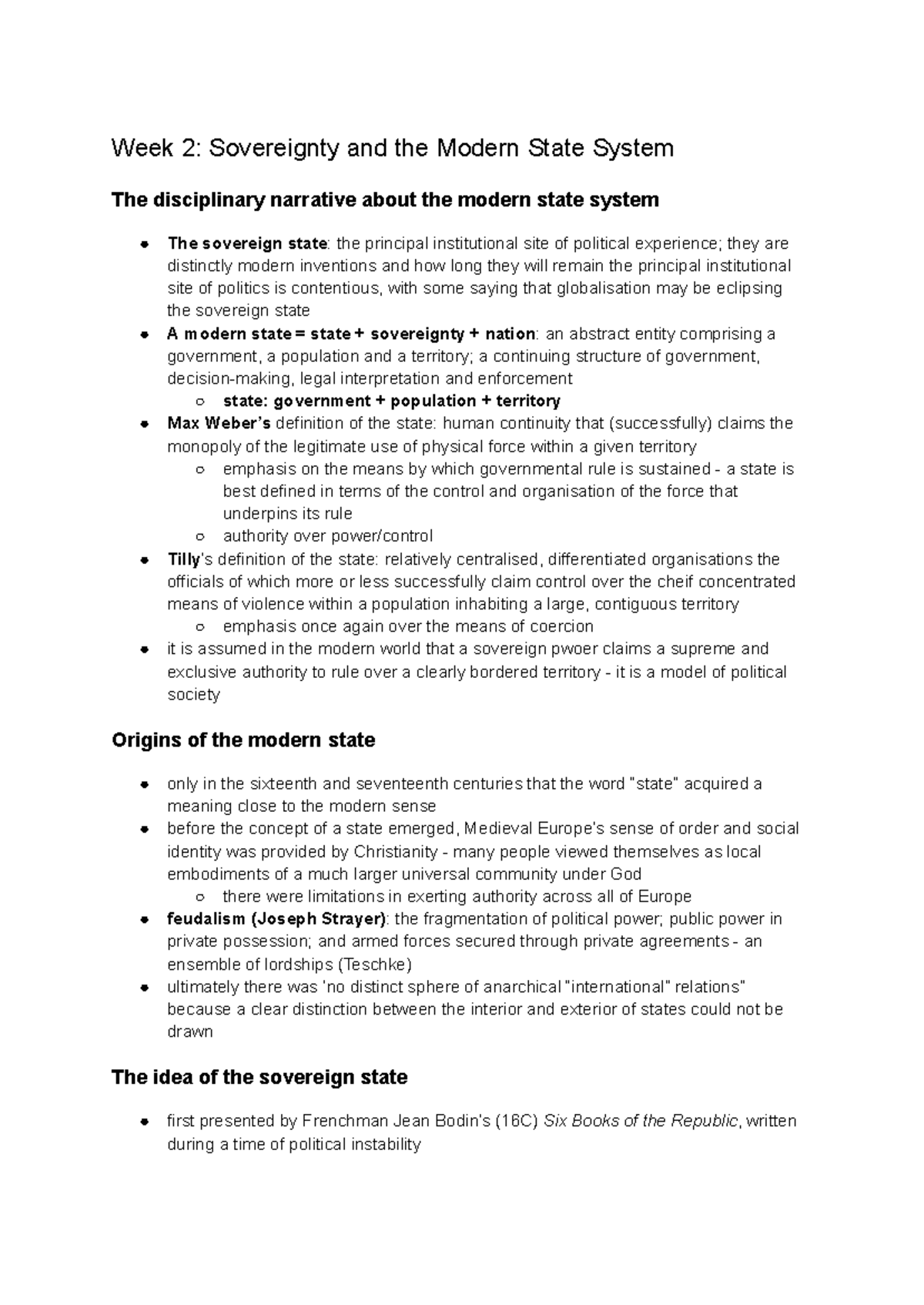 Week 2: Sovereignty and the Modern State System - Lecture Notes - Studocu