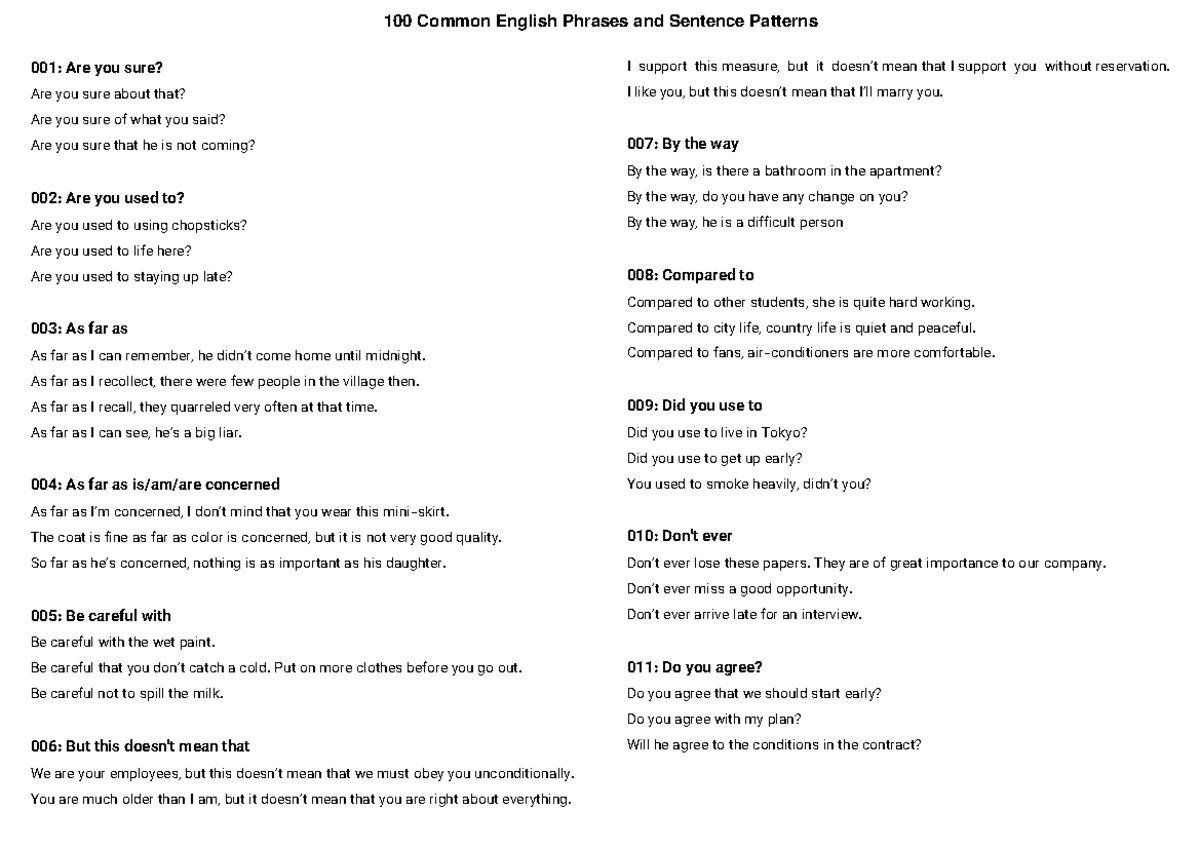 Common English Phrases & Sentence Patterns for Learning (ENG 101) - Studocu
