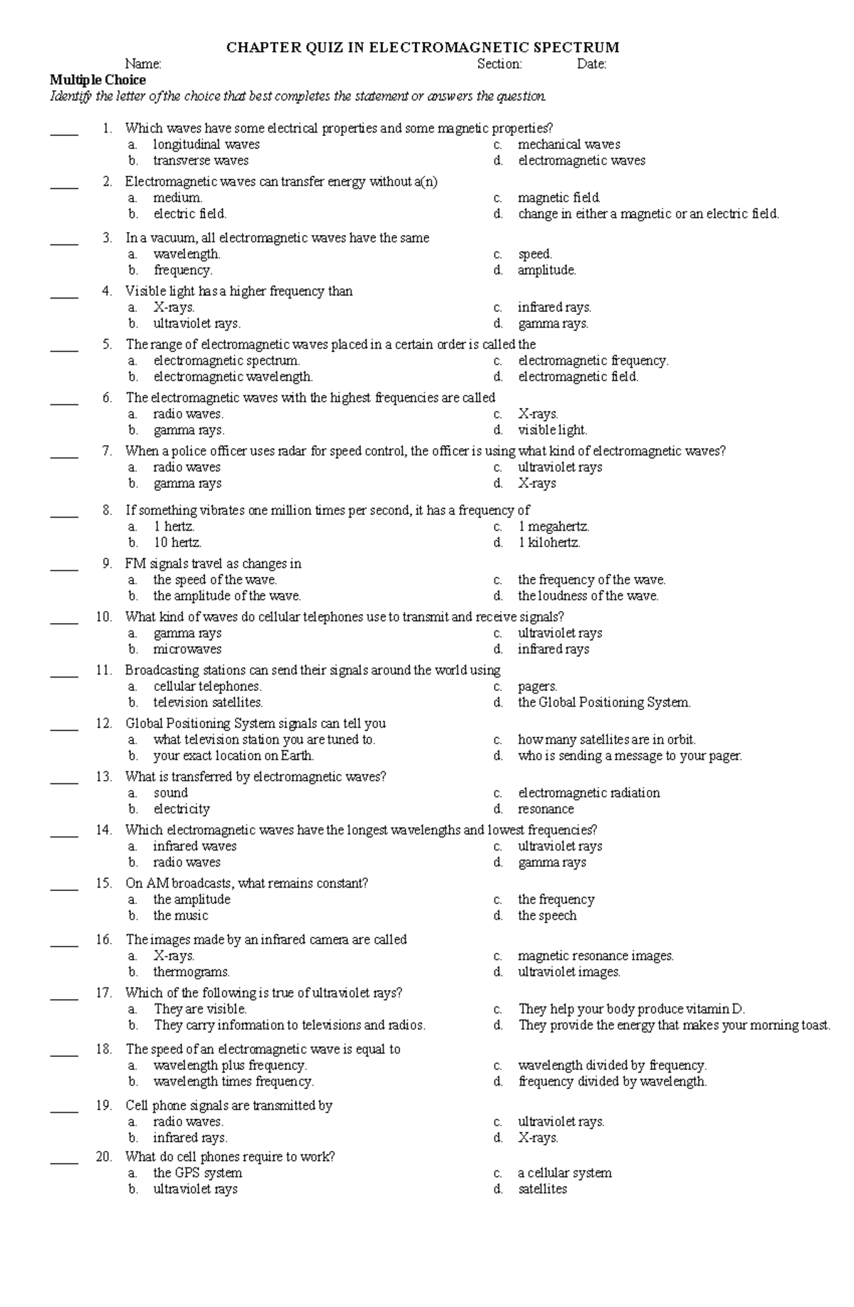 433041382 Electromagnetic Spectrum Chapter Quiz and Answers - Studocu