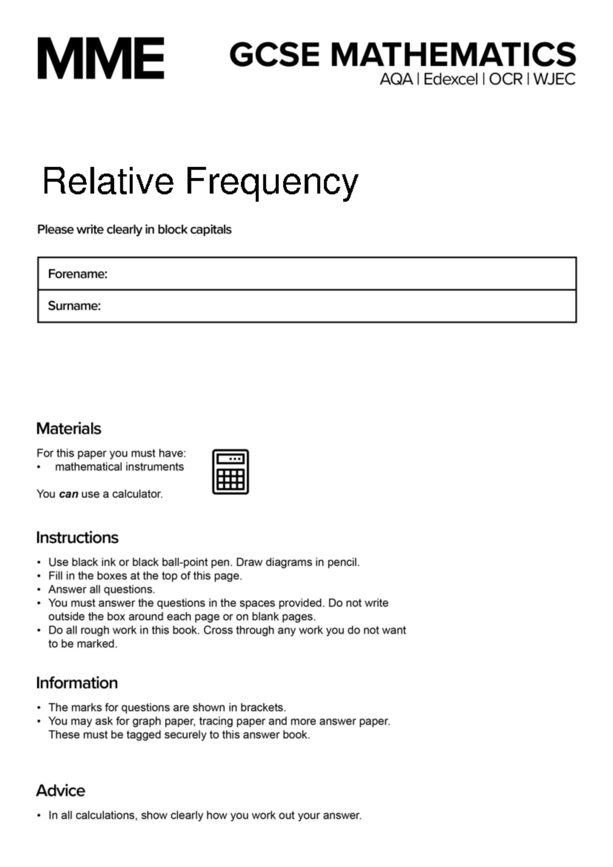 Relative Frequency Questions MME: Spinner, Sweets, and Dice Analysis ...