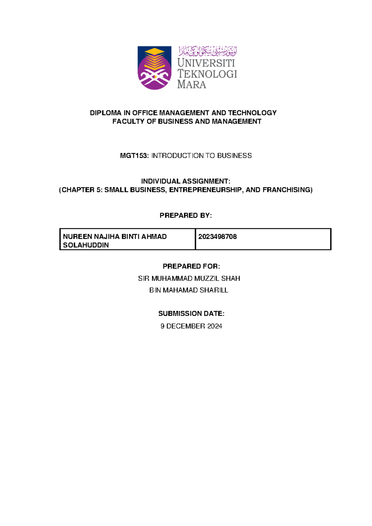 MGT153: Individual Assignment on Small Business & Entrepreneurship ...
