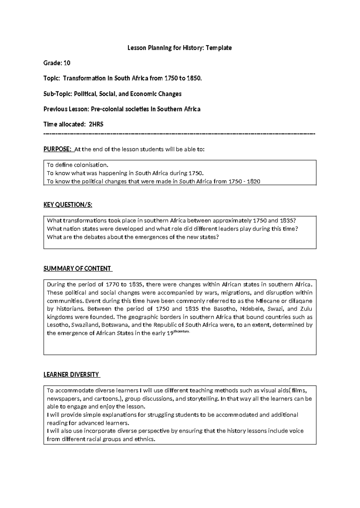 Grade 10 History Lesson Plan: Transformations in South Africa (1750 ...