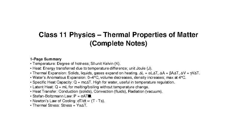 Class 11 Physics: Thermal Properties of Matter (Complete Notes) - Studocu