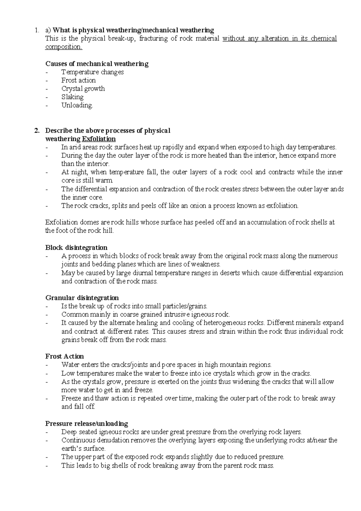 Geography Notes on Mass Wasting: Physical & Chemical Weathering - Studocu
