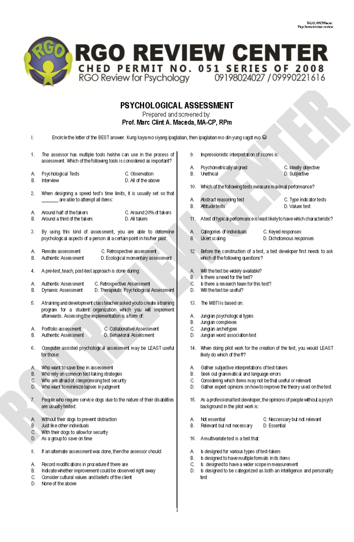 Psychological Assessment Review for PSY 101: Comprehensive Guide - Studocu